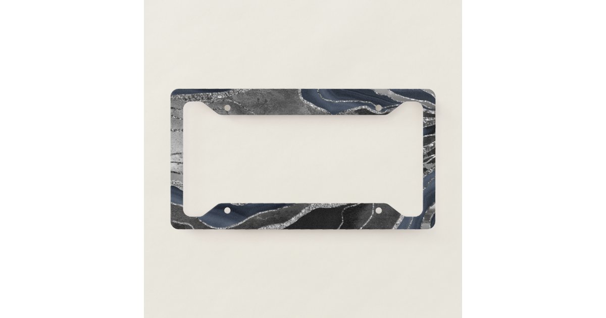 Navy Blue Black Marble Agate Silver Glitter Glam 2 License Plate Frame ...