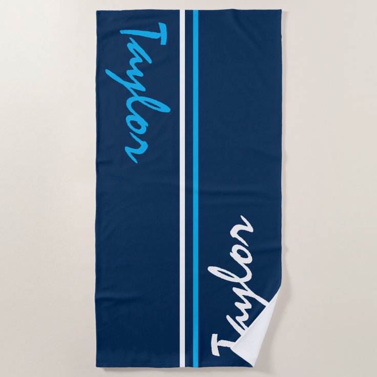 Navy Blue, Blue and White Striped Custom Name Beach Towel | Zazzle