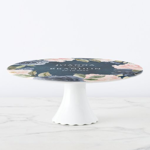 Navy Blue Blue Blush Pink Rose Botanical Wedding Cake Stand | Zazzle