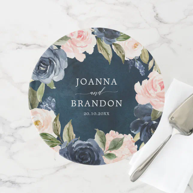 Navy Blue Blue Blush Pink Rose Botanical Wedding Cake Stand | Zazzle