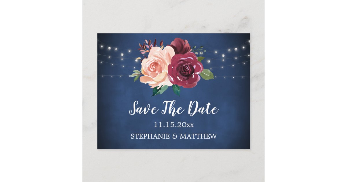 Navy Blue Blush Burgundy Rose Lights Save The Date Announcement ...