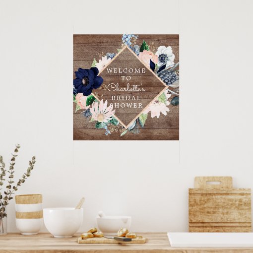 Navy Blue Blush Floral Bridal Shower Welcome Poster | Zazzle