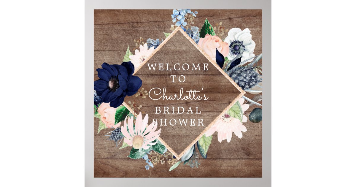 Navy Blue Blush Floral Bridal Shower Welcome Poster | Zazzle