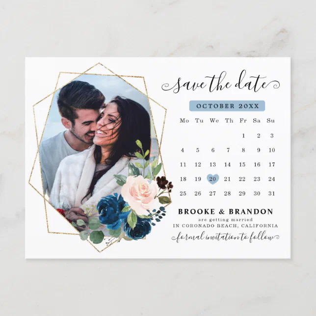 Navy Blue Blush Floral Calendar Save the Date Postcard | Zazzle