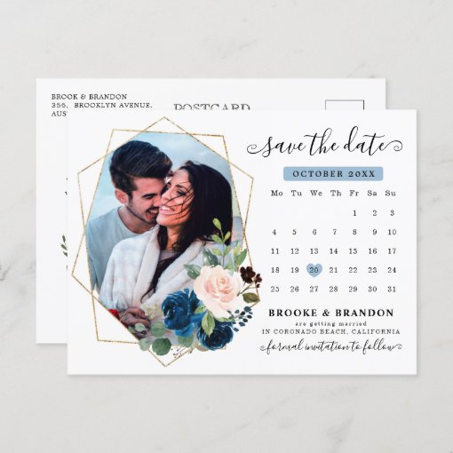 Navy Blue Blush Floral Calendar Save the Date Postcard | Zazzle