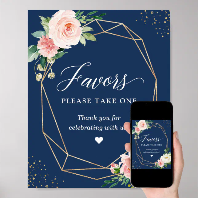 Navy Blue Blush Floral Favors Please Take One Sign | Zazzle