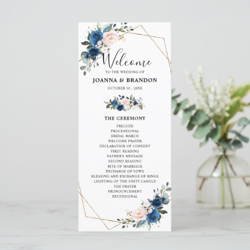 Navy Blue Blush Floral Geometric Wedding Program Zazzle
