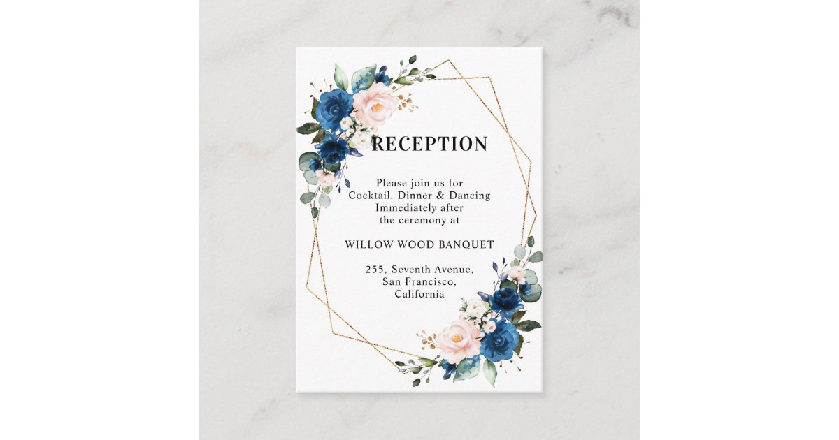 Navy Blue Blush Floral Geometric Wedding Reception Enclosure Card Zazzle