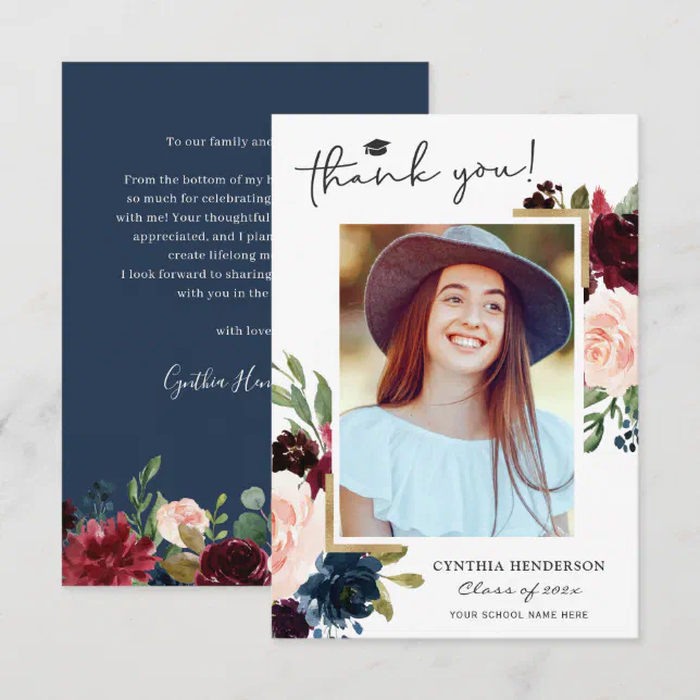 Navy Blue Blush Floral Graduation Photo Thank You Card | Zazzle