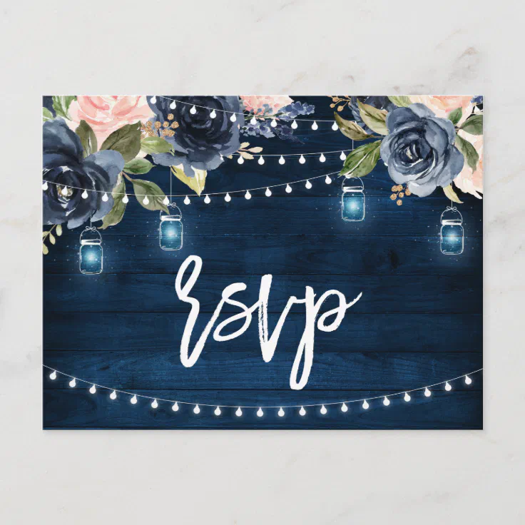 Navy Blue Blush Floral Rustic String Light RSVP Postcard | Zazzle