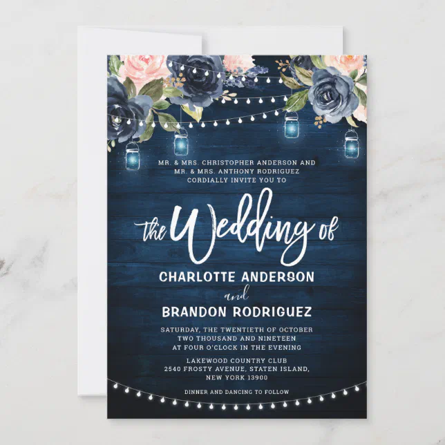 Navy Blue Blush Floral Rustic String Light Wedding Invitation | Zazzle