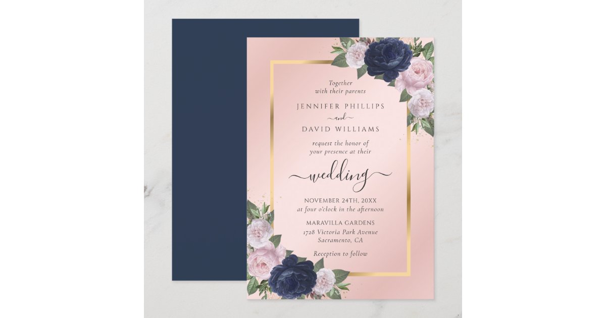 Navy Blue Blush Gold Floral Wedding Invitation | Zazzle