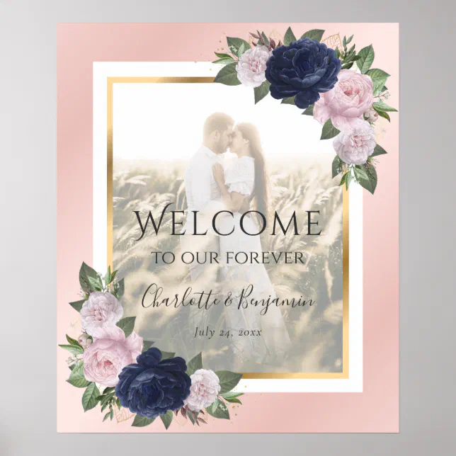 Navy Blue Blush Gold Floral Wedding Welcome Sign | Zazzle
