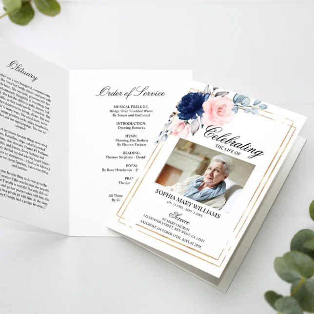 Navy Blue & Blush Photo Memorial Funeral Programs | Zazzle