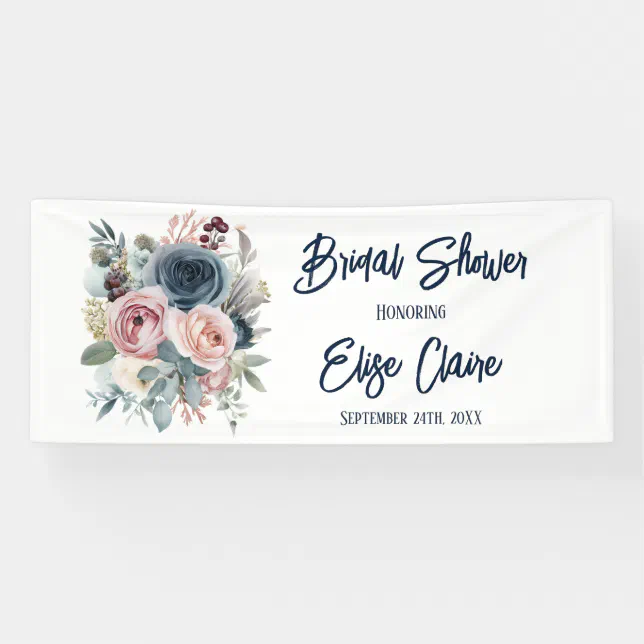 Navy Blue Blush Pink Floral Bridal Shower Banner | Zazzle