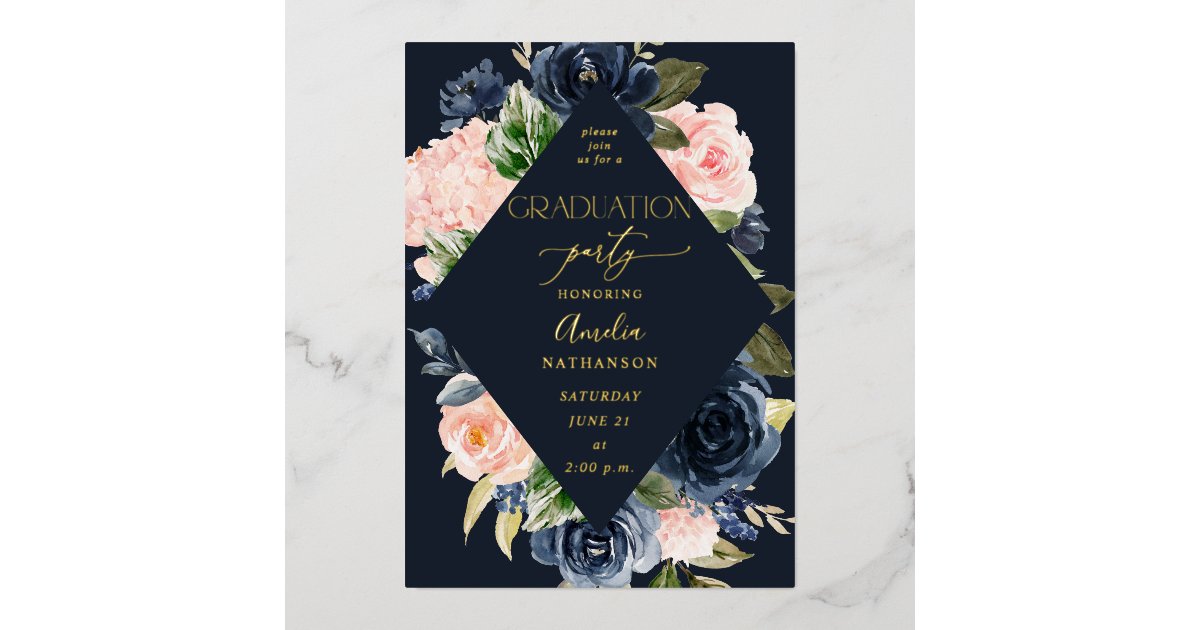 Navy Blue & Blush Pink Floral Graduation Party- BL Foil Invitation | Zazzle