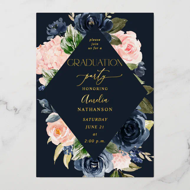 Navy Blue & Blush Pink Floral Graduation Party- BL Foil Invitation | Zazzle