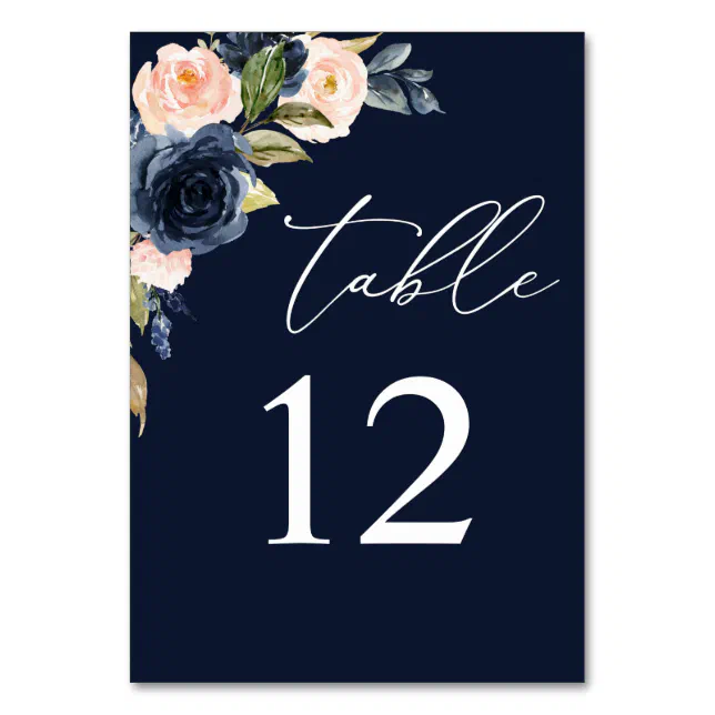 Navy Blue & Blush Pink Floral Table Number - Navy | Zazzle