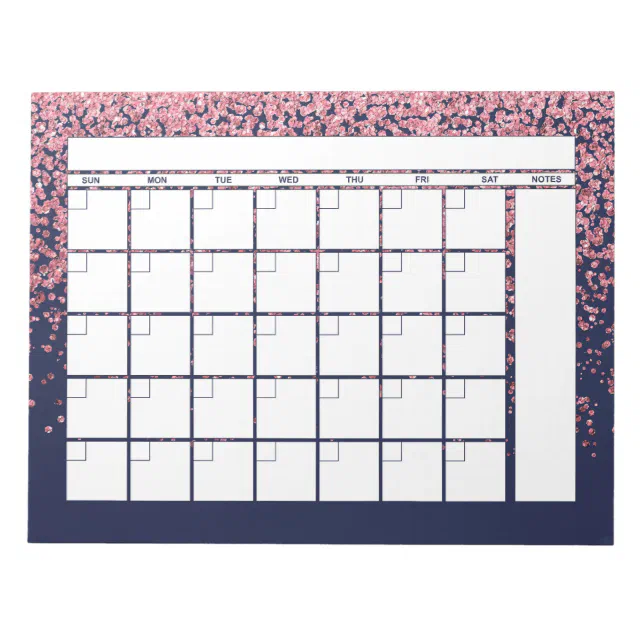 Navy Blue Blush Pink Glitter Monthly Calendar Notepad | Zazzle