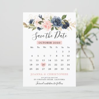 Navy Blue Blush Pink Rose Boho Calendar Save The Date | Zazzle