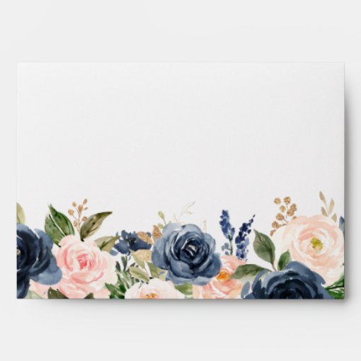 Navy Blue Blush Pink Rose Boho Floral Wedding Envelope | Zazzle
