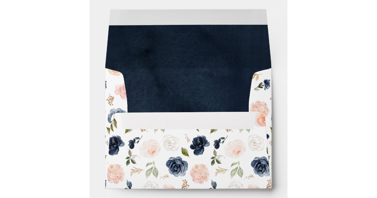 Navy Blue Blush Pink Rose Boho Wedding Envelope | Zazzle