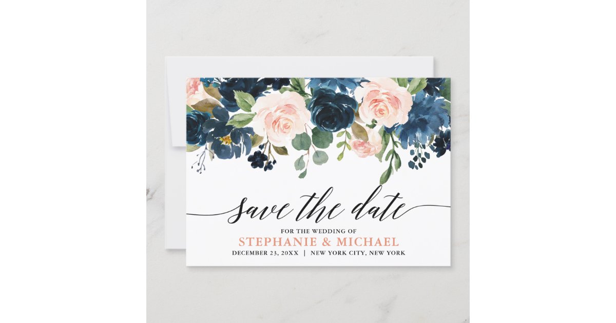 Navy Blue Blush Pink Rose Boho Wedding Save The Date | Zazzle