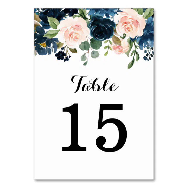Navy Blue Blush Pink Rose Botanical Table Number | Zazzle