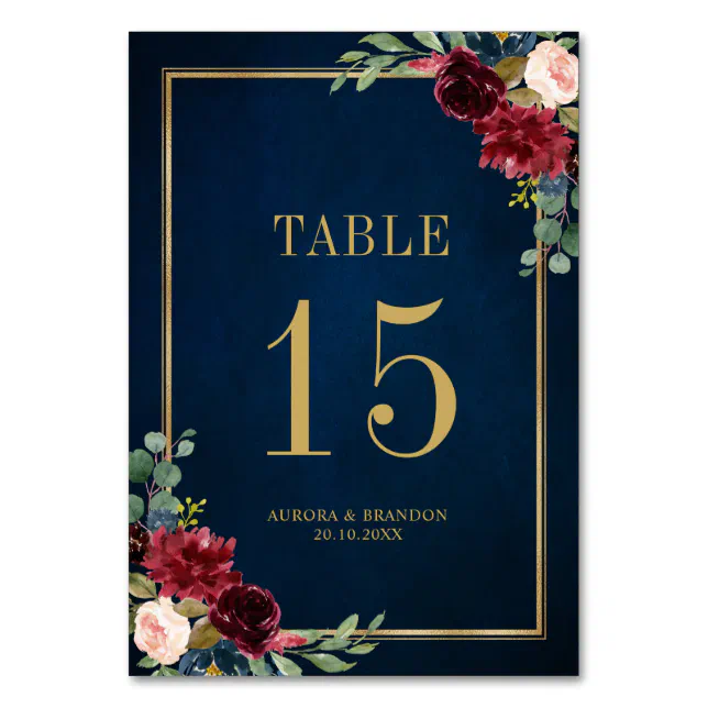 Navy Blue Blush Pink Rose Botanical Table Number | Zazzle