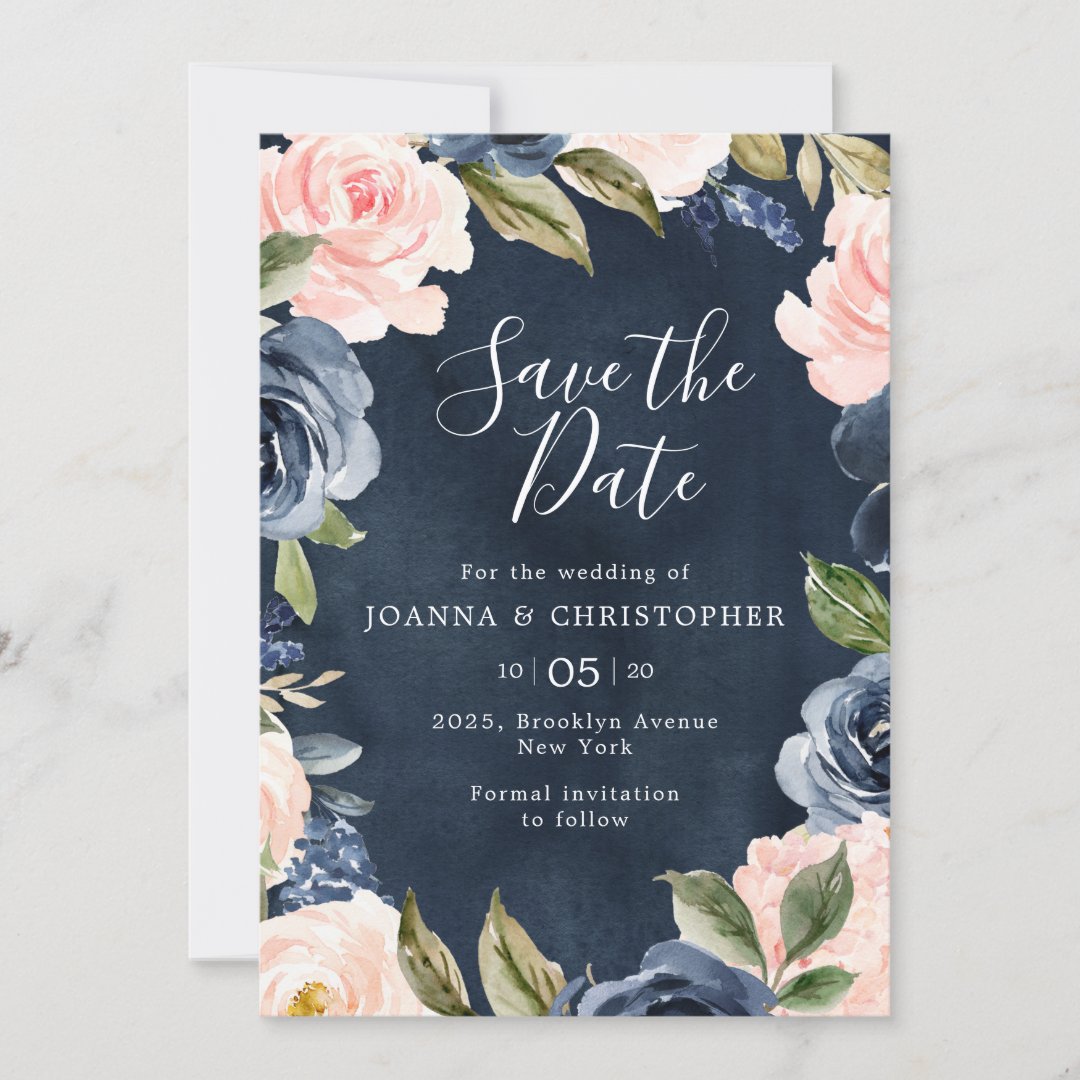 Navy Blue Blush Pink Rose Gold Boho Wedding Save The Date | Zazzle