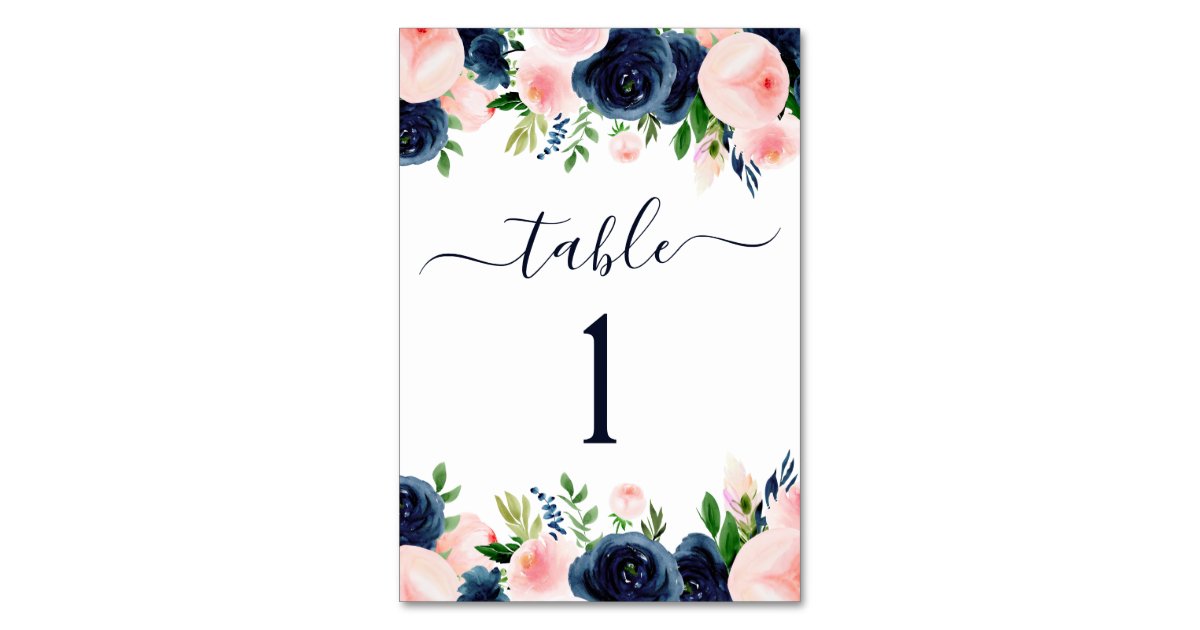 Navy Blue Blush Pink Watercolor Floral Wedding Table Number | Zazzle