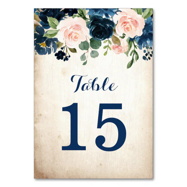 Navy Blue Blush Rose Rustic Country Wedding Table Number | Zazzle