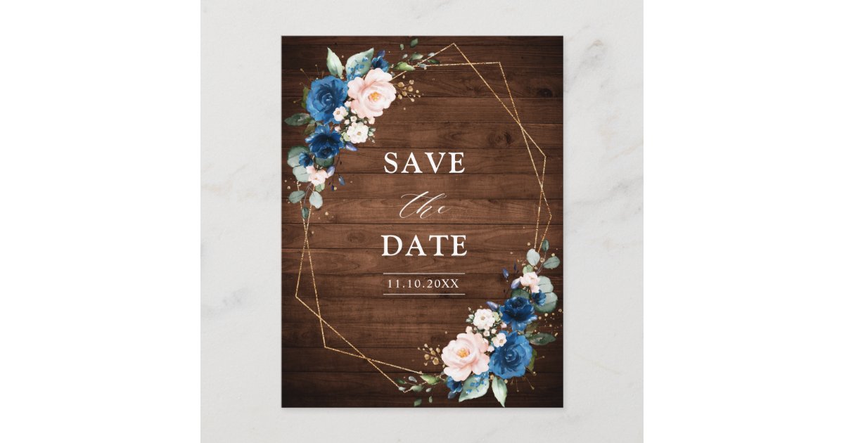 Navy Blue Blush Rustic Wood Gold Save the Date Postcard | Zazzle