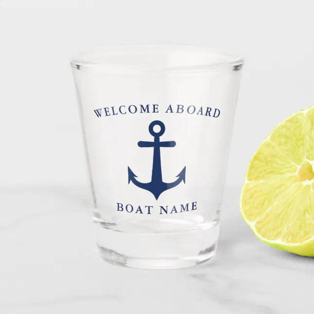 Navy Blue Boat Anchor Welcome Aboard Nautical Shot Glass | Zazzle