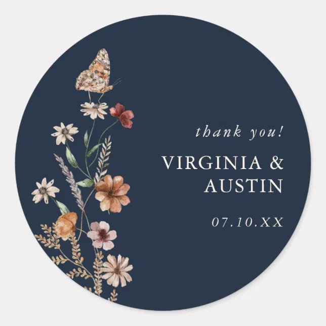 Navy Blue Boho Floral Classic Round Sticker | Zazzle
