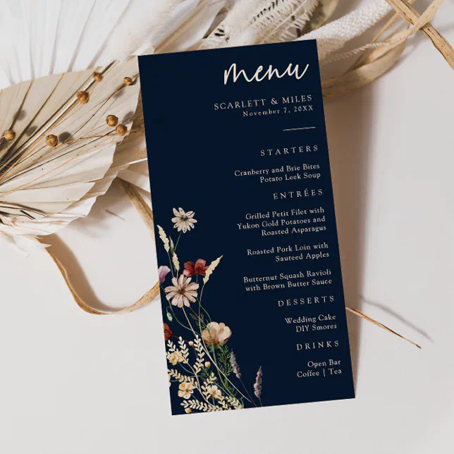 Navy Blue Boho Floral Wedding Menu | Zazzle