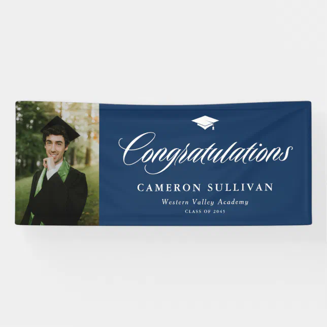 Navy Blue Bold Calligraphy Photo Graduation Banner | Zazzle