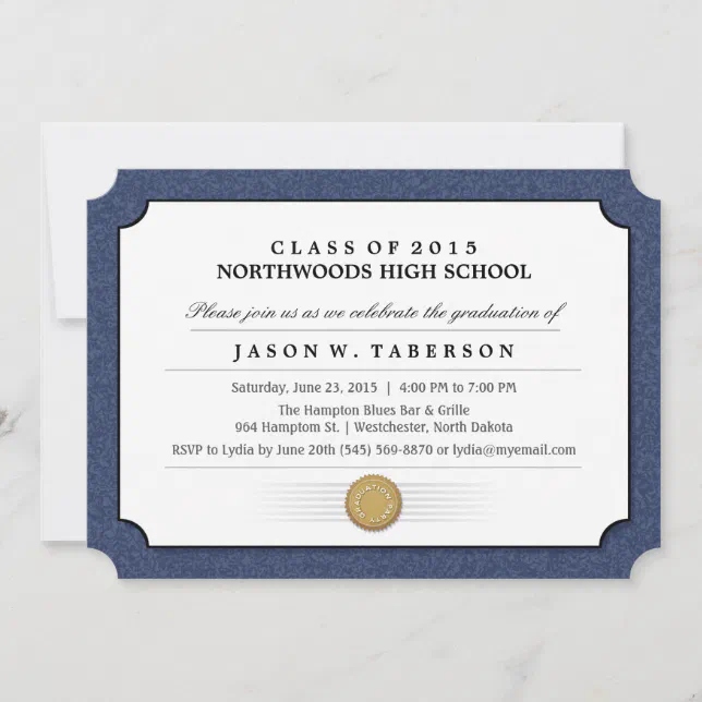 Navy Blue Border Diploma Graduation Invitation | Zazzle