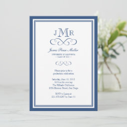 Navy blue border frame classy monogram graduation invitation | Zazzle