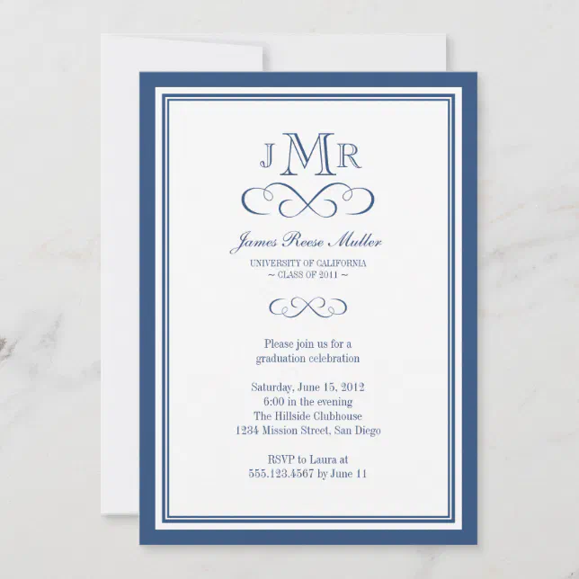 Navy blue border frame classy monogram graduation invitation | Zazzle