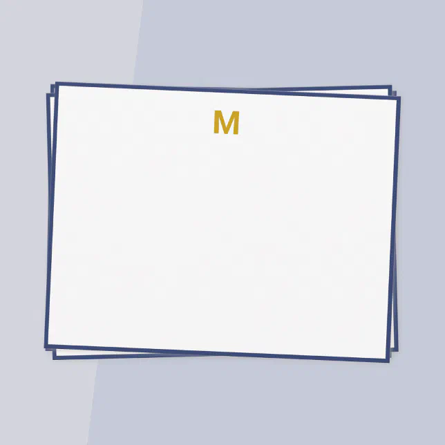 Navy Blue Border Gold Minimalist Monogram Note Card | Zazzle