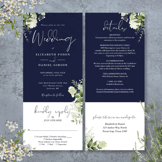 Navy Blue Botanical Floral All In One Wedding Invitation | Zazzle