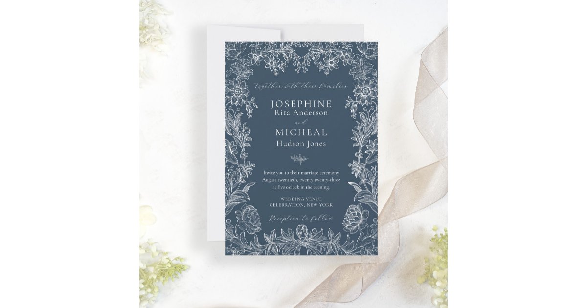 Navy Blue Botanical Floral Elegant Invitation | Zazzle