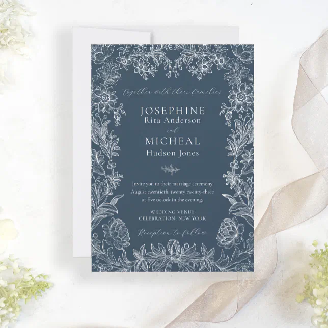 Navy Blue Botanical Floral Elegant Invitation | Zazzle