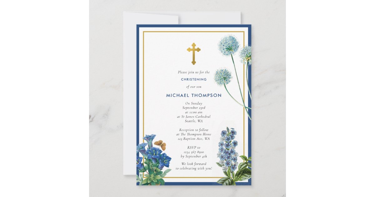 Navy Blue Botanical & Gold Baptism Christening Boy Invitation | Zazzle