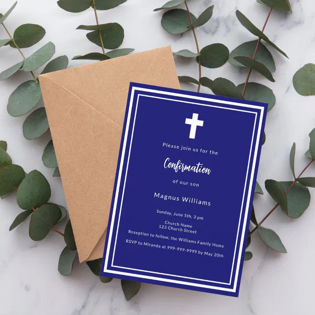Navy blue boy Confirmation Invitation | Zazzle