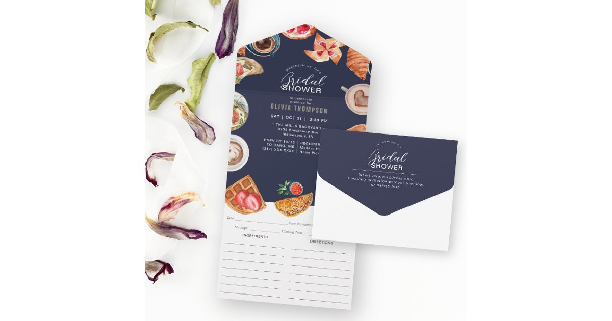 Navy Blue Bridal Brunch Waffles & Recipe All In One Invitation | Zazzle
