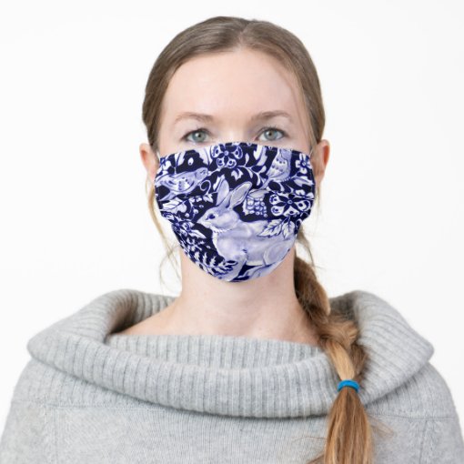 Navy Blue Bunny Rabbit Bird Floral Design Covid19 Adult Cloth Face Mask ...