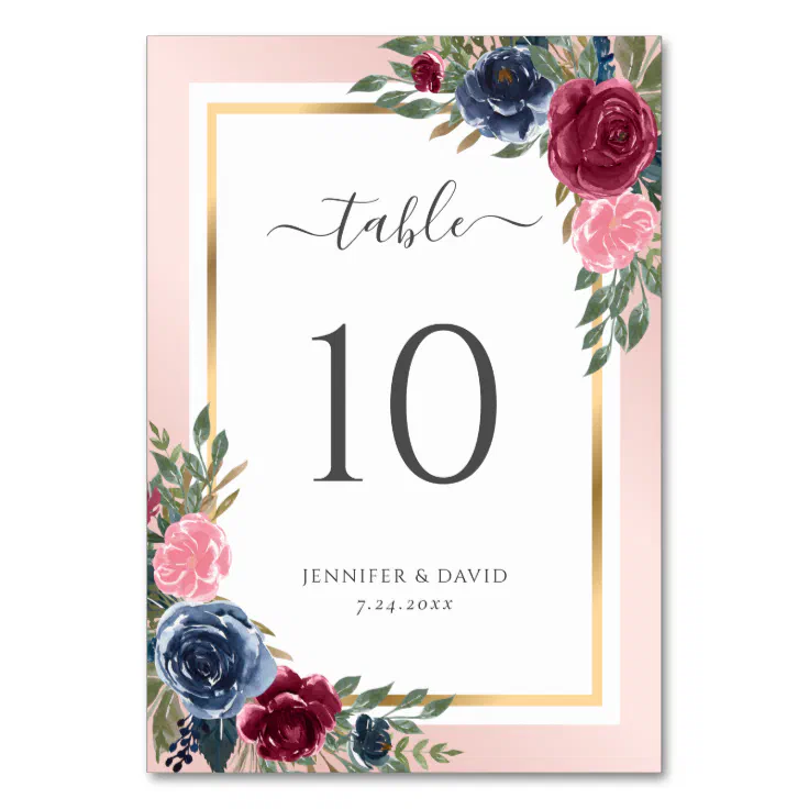 Navy Blue Burgundy and Blush Floral Table Number | Zazzle