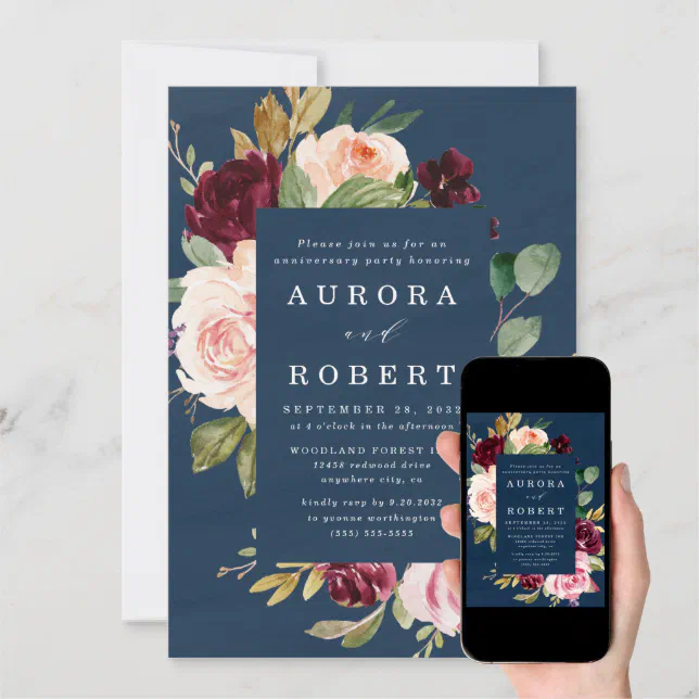 Navy Blue Burgundy Blush Gold Anniversary Party Invitation | Zazzle